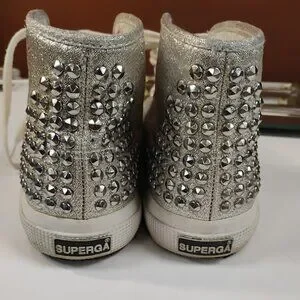 Superga | Shoes | Superga Silver Studded Hightop Sneakers Womens 75 ...